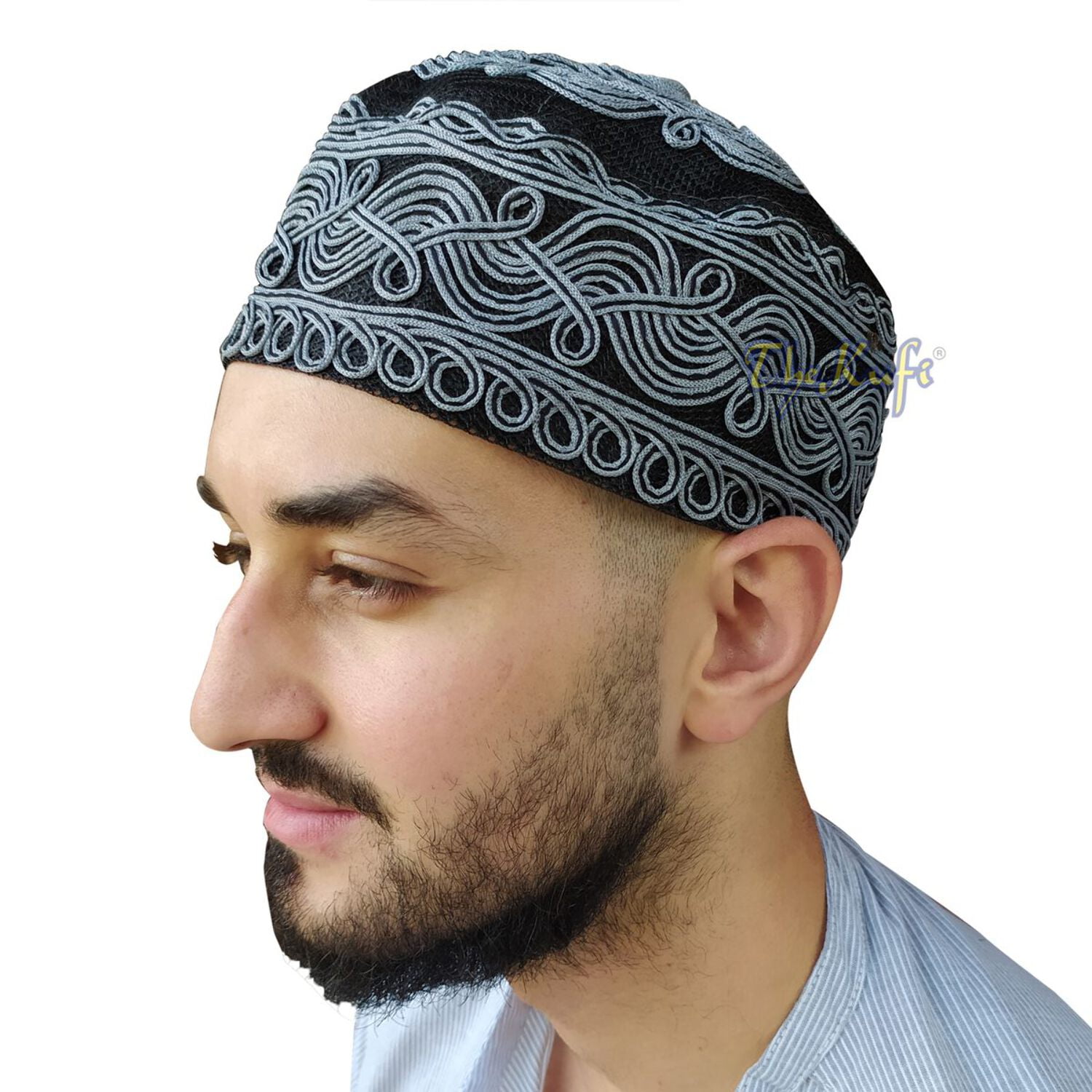 Handcrafted Black Macramé Netting Wave Gray Design Kufi Hat Prayer Cap ...