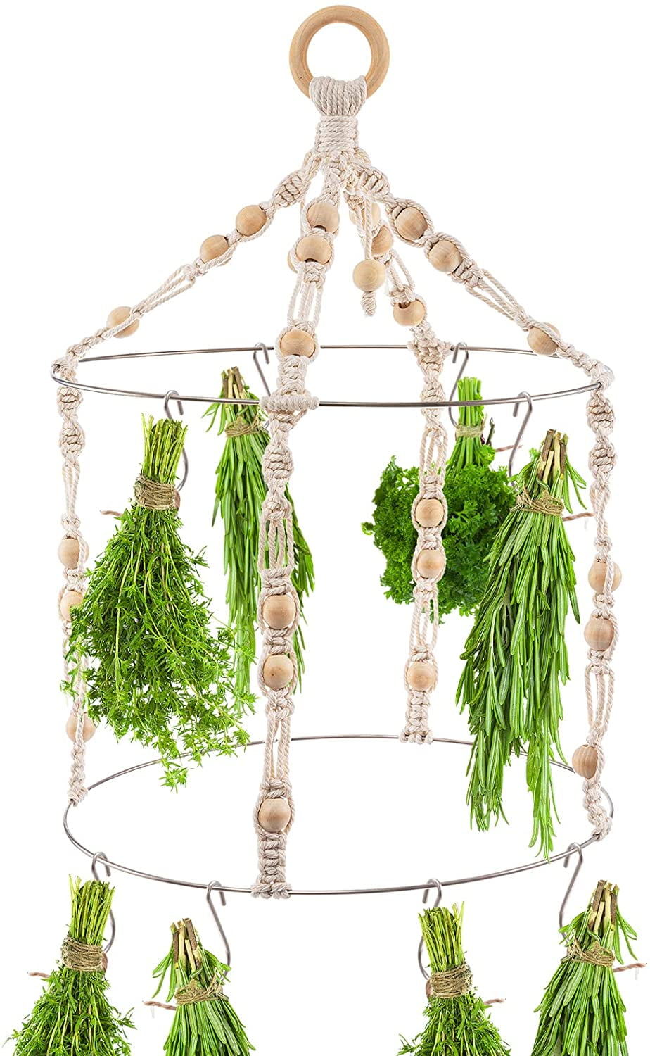 Handcrafted Boho Herb Drying Rack with 15 Hooks & Cotton Rope: Double ...