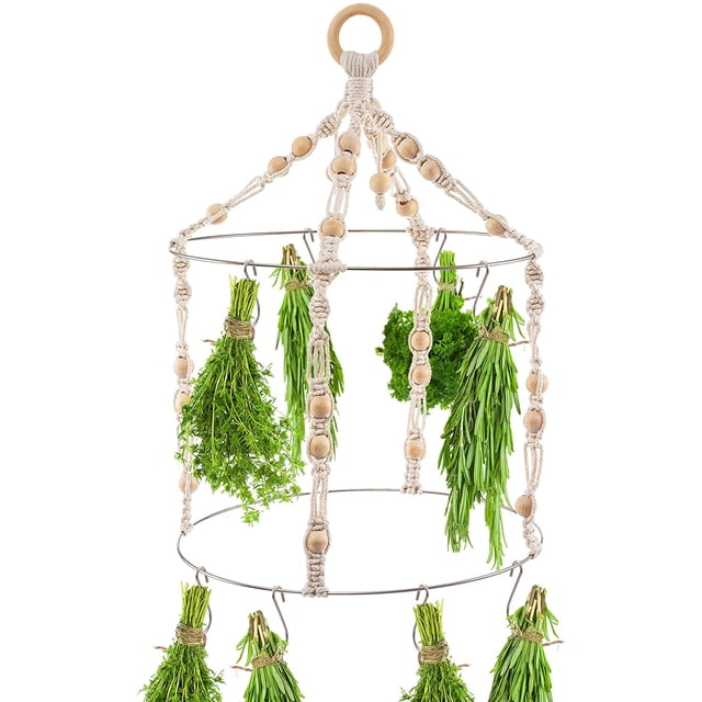 Handcrafted Boho Herb Drying Rack with 15 Hooks & Cotton Rope: Double ...