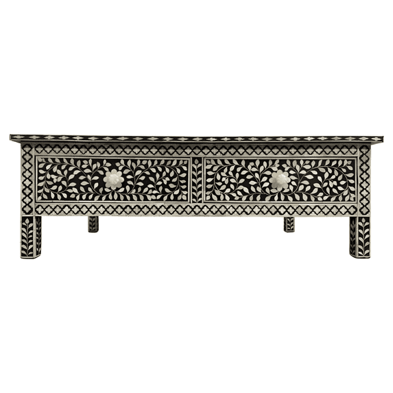 Handcrafted Bone Inlay Coffee Table – Black & White Floral Design with ...