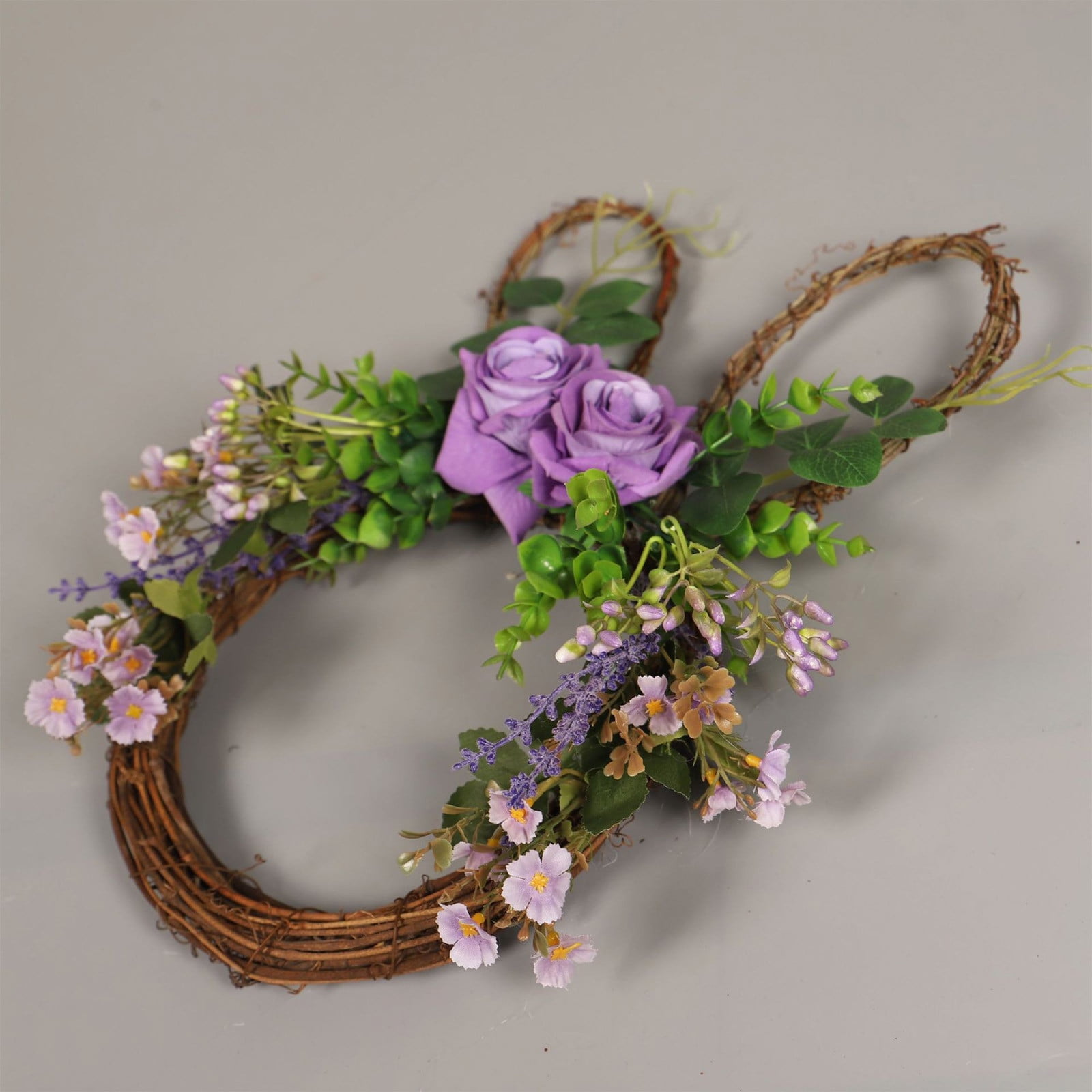 Handcrafted Bunny Ears Floral Wreath with Purple Roses and Greenery for ...