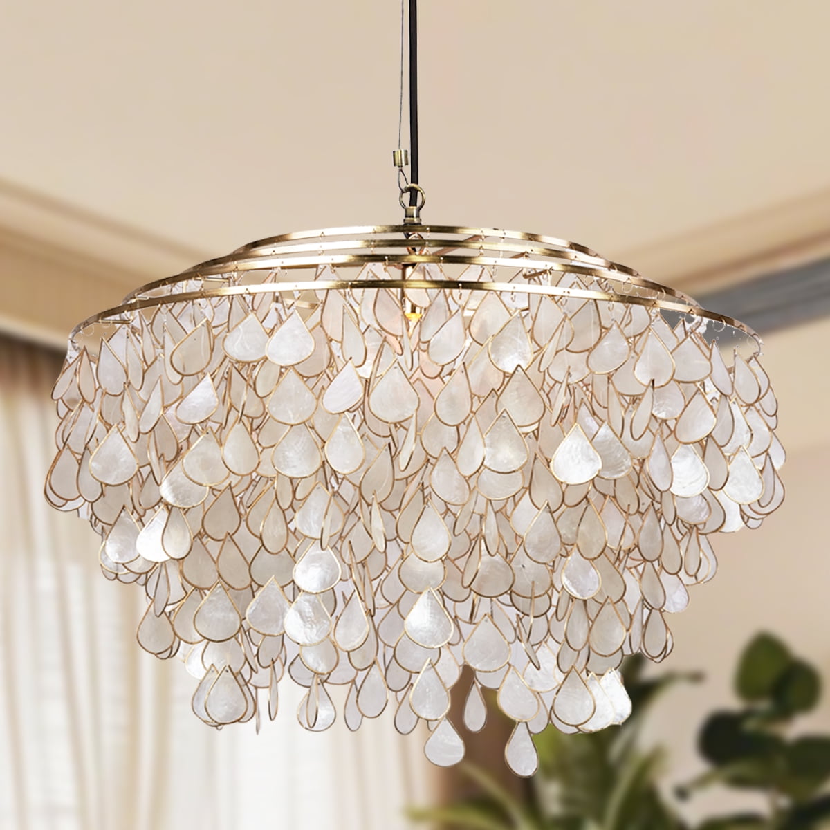 Natural Round Teardrop Capiz 27.5 Inch Diam Chandelier with Iron Frame ...