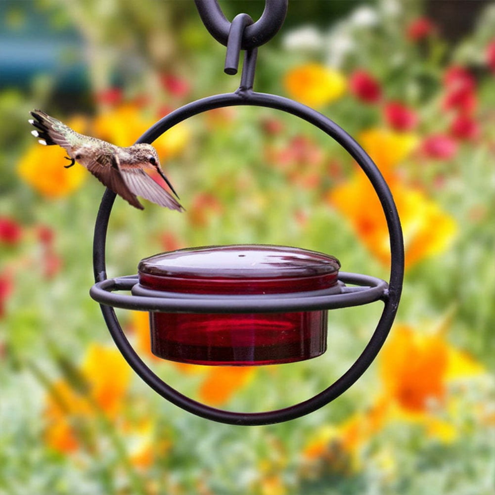 Handcrafted Circular Hanging Hummingbird Feeder with Red Glass Bowl Outdoor Decor for Garden ...