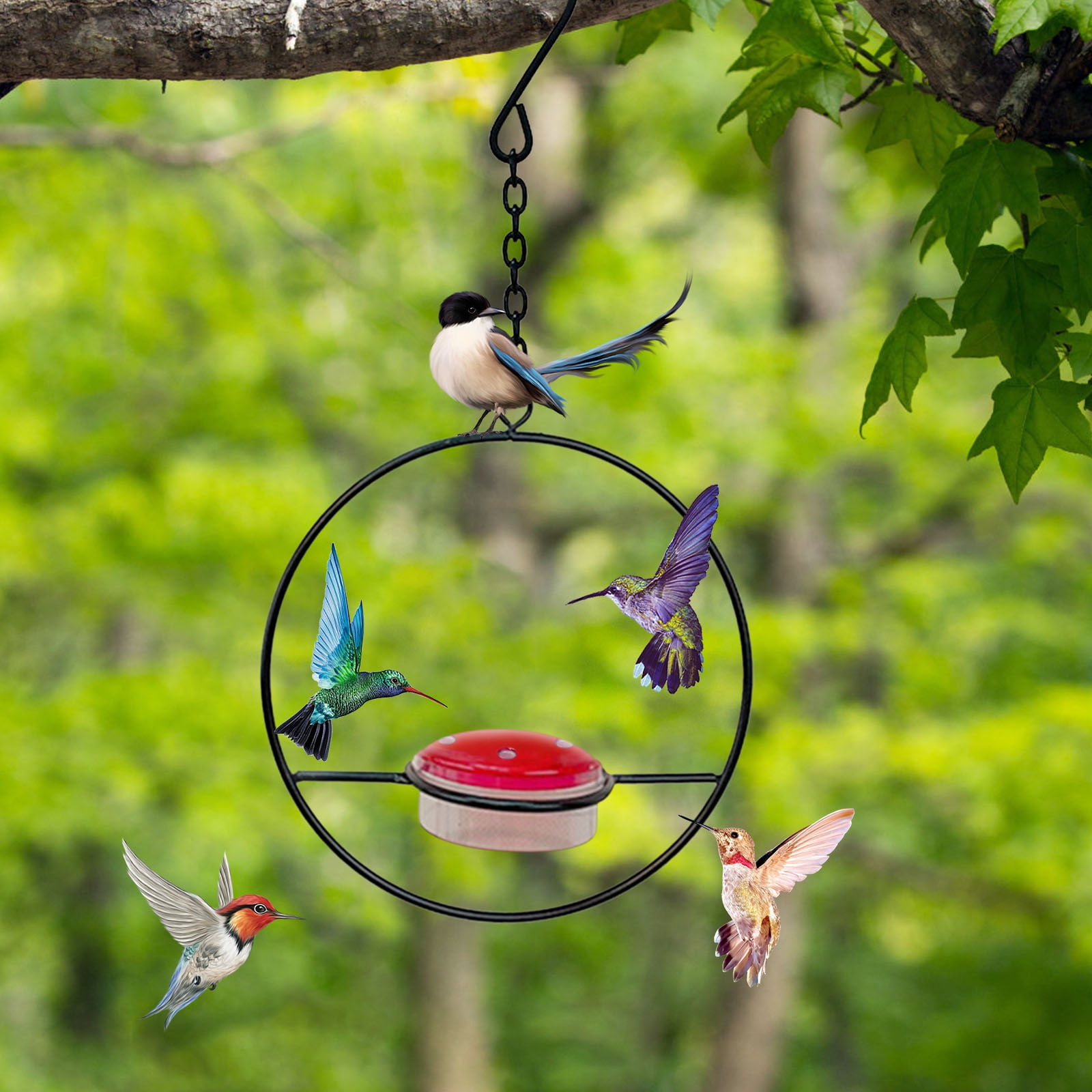 Handcrafted Circular Hanging Metal Hummingbird Feeder With Red Bowl For Garden Backyard Outdoor ...