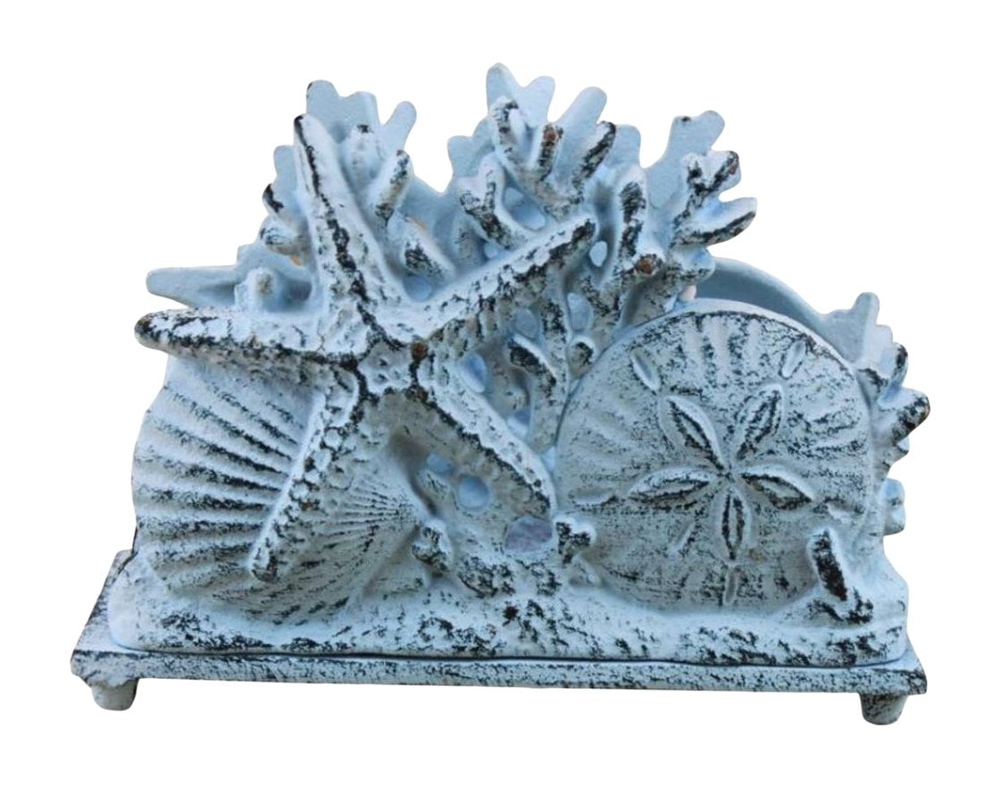 Rustic Dark Blue Whitewashed Cast Iron Seashell Napkin Holder 7 Inch ...