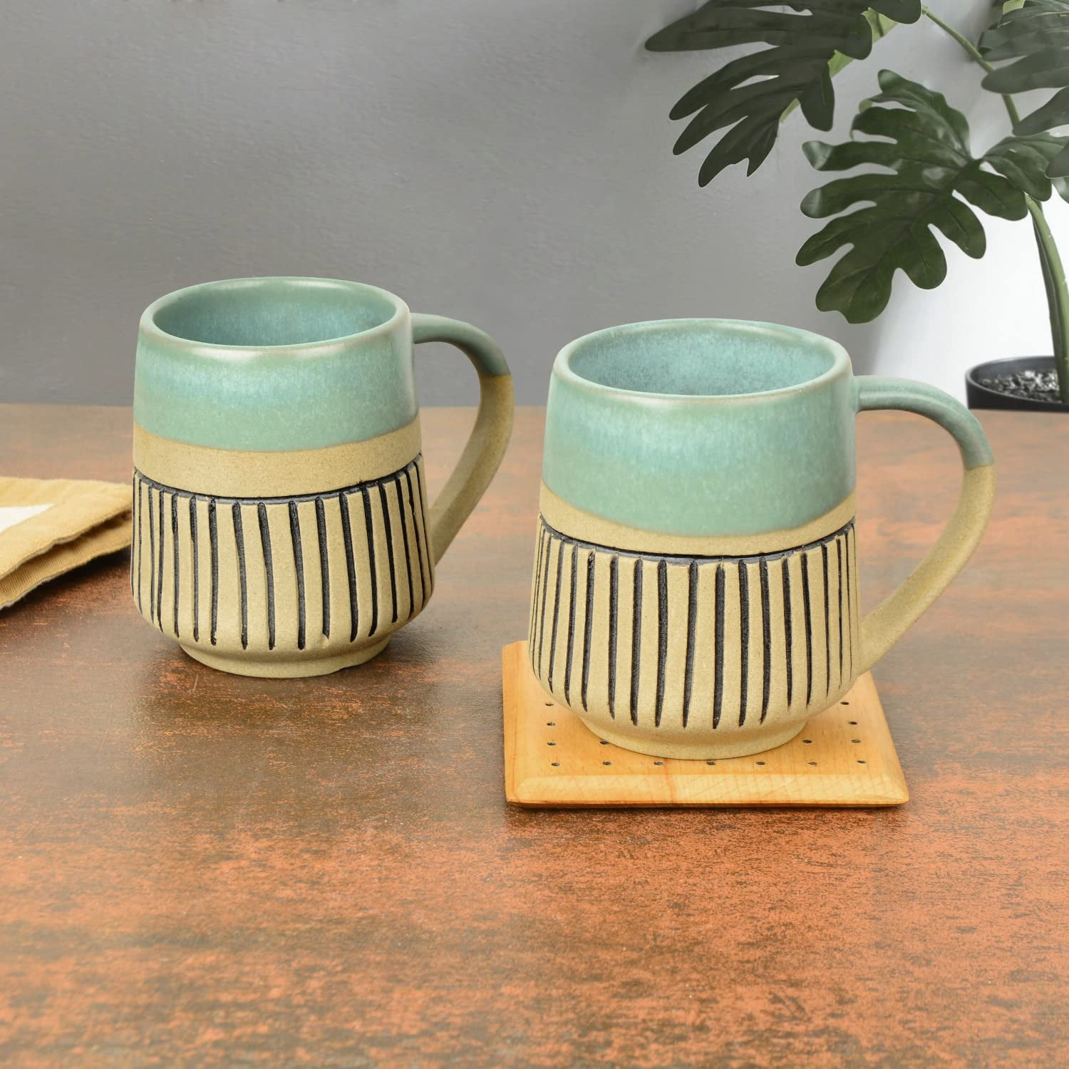 Handcrafted Dual Finish Ceramic Striped Coffee Mugs Set Of 2 - 325ml ...