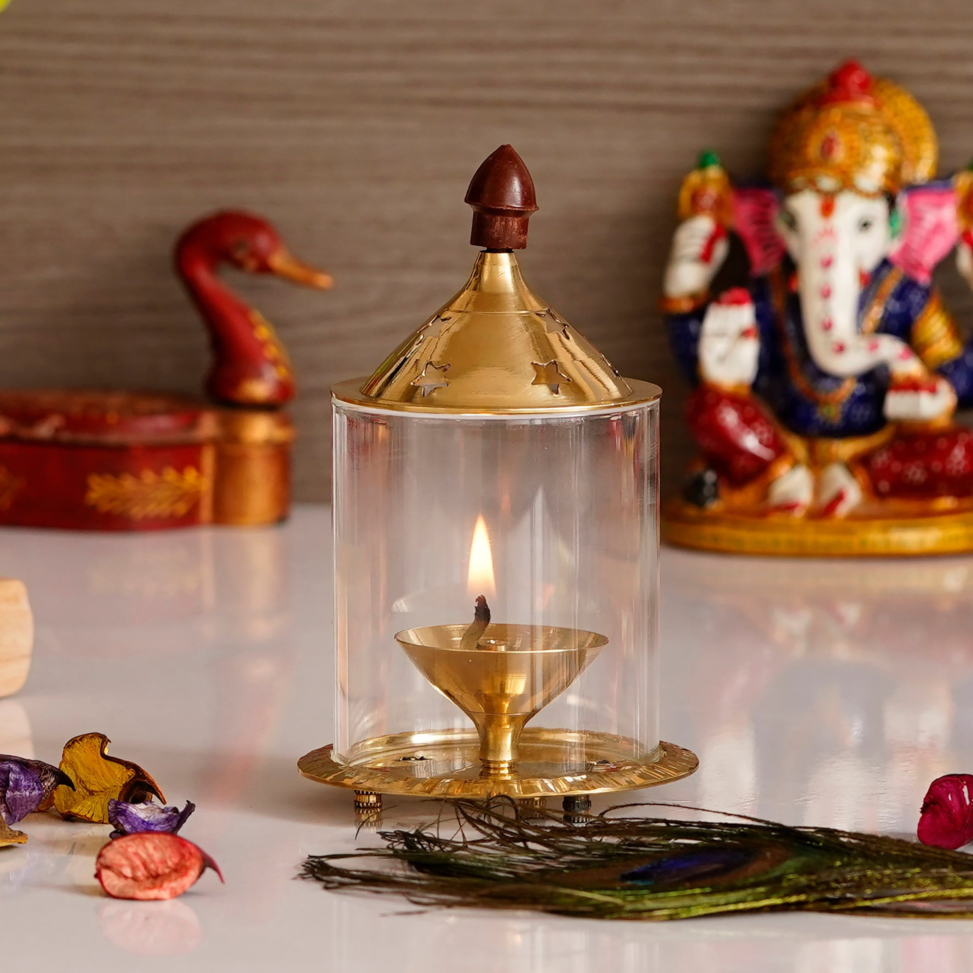 Handcrafted Golden Brass Akhand Diya With Glass Cover | Decorative Diya ...