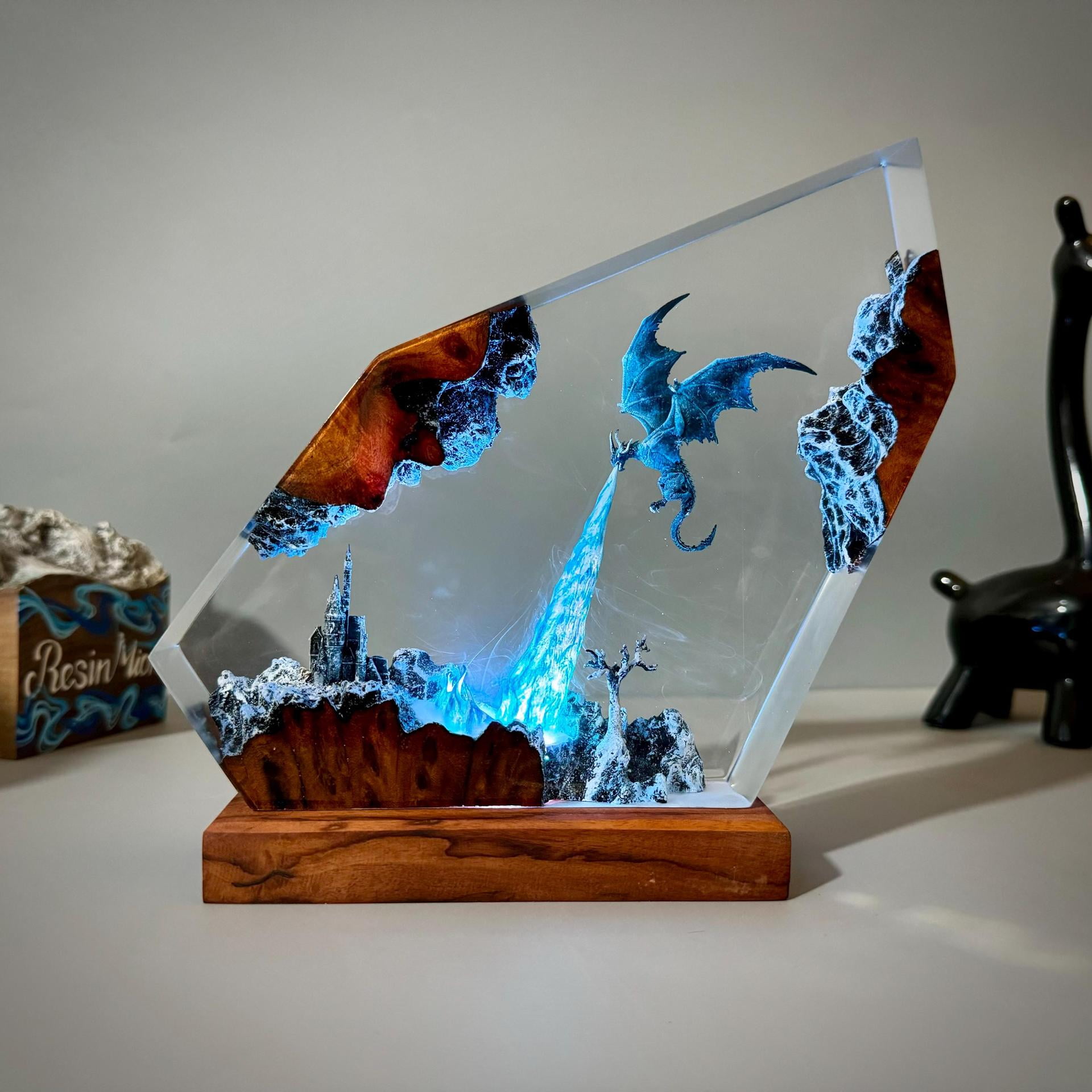 Handcrafted Ice Dragon Resin Night Light with Wooden Base, 3D Mythical ...