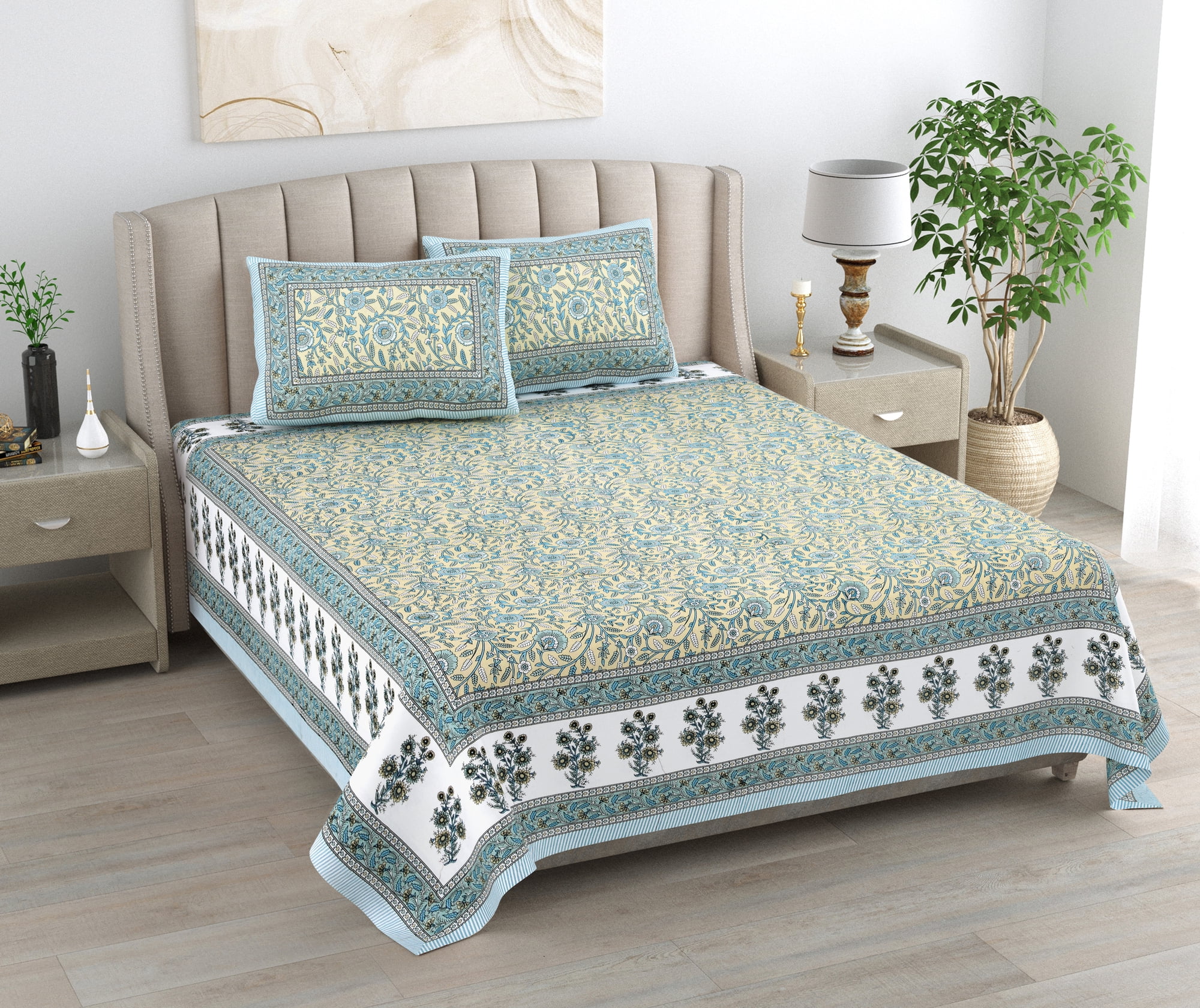 WODREAMS Handcrafted Indian Cotton Bedding Set - 3-Piece Ethnic Floral ...