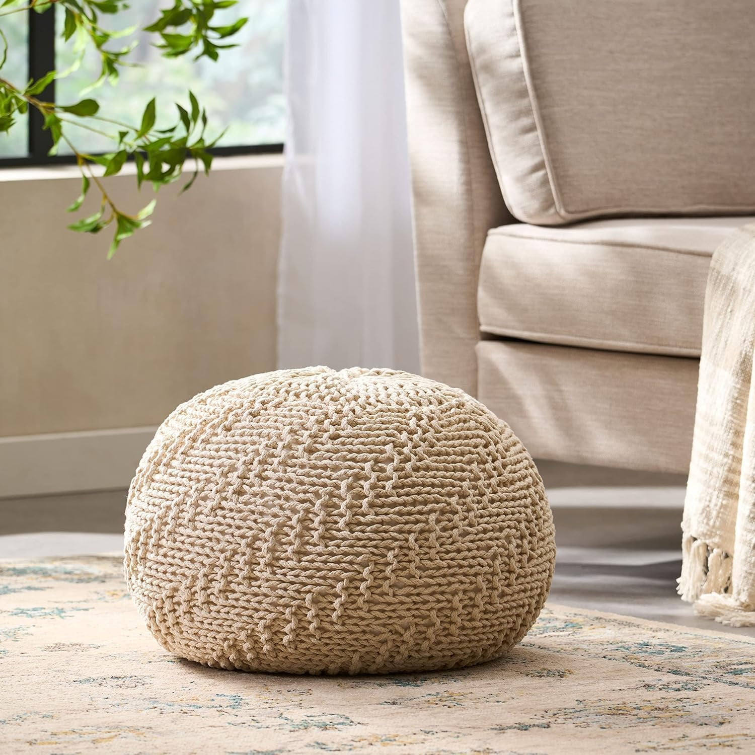 Handcrafted Knitted Cotton Round Pouf - 20x20, Modern Design, Soft and ...