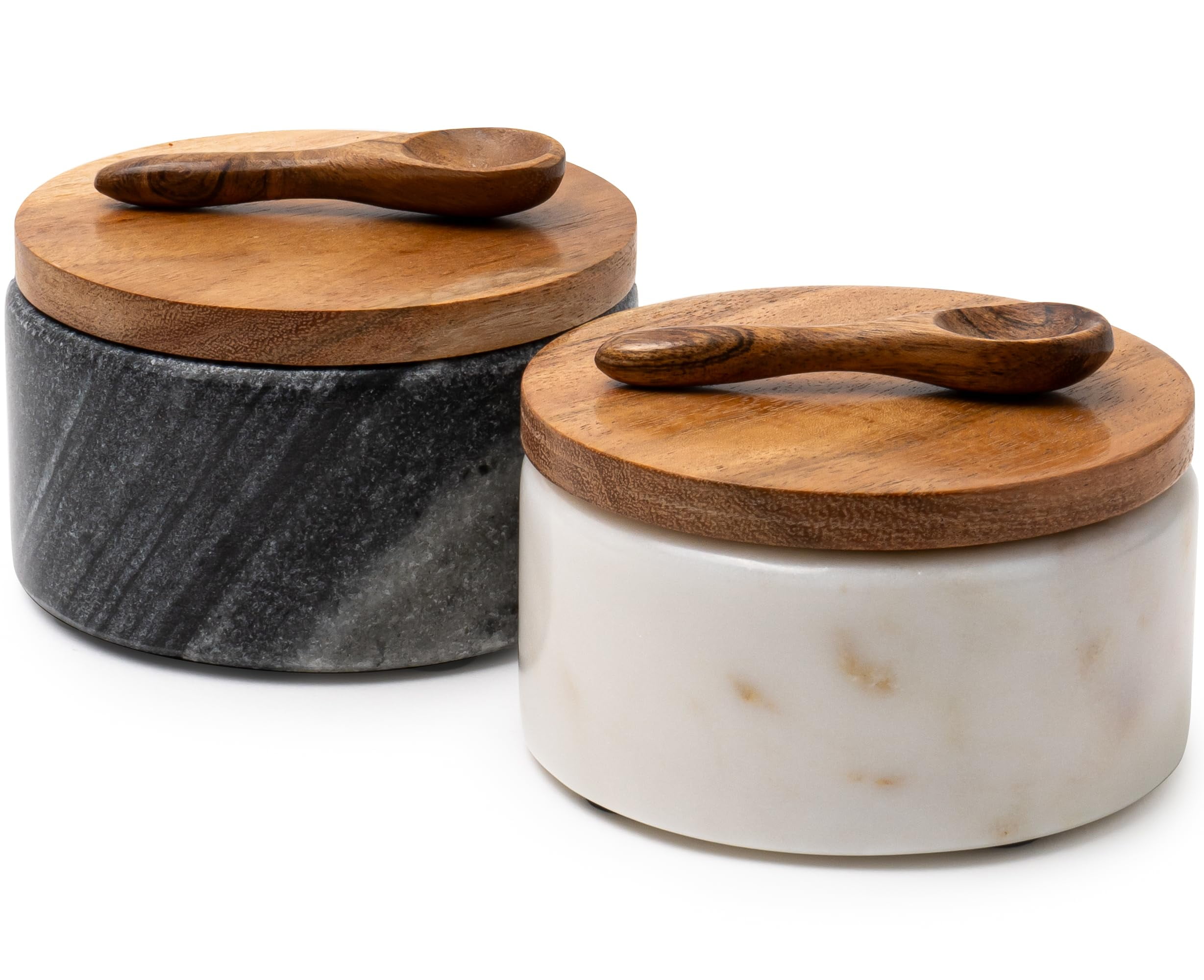 Handcrafted Marble Salt and Pepper Cellars Set of 2 with Acacia Wood ...