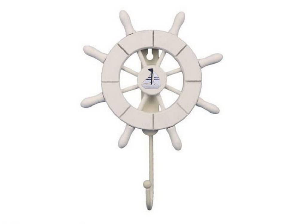Hampton Nautical White Decorative Ship Wheel with Sailboat and Hook 8 ...
