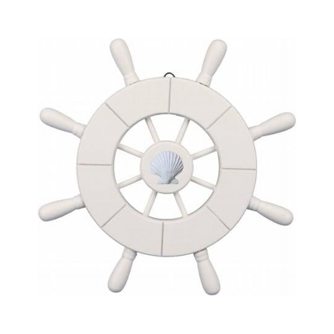 Handcrafted Model Ships 9 in. White Decorative Ship Wheel with Seashell ...