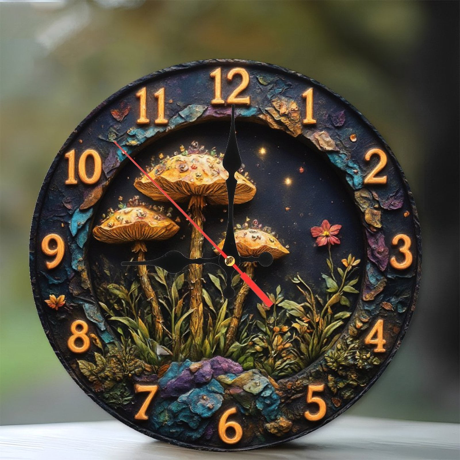 Handcrafted Mushroom Clock Fantasy Forest Wall Decor 10-Inch Silent ...