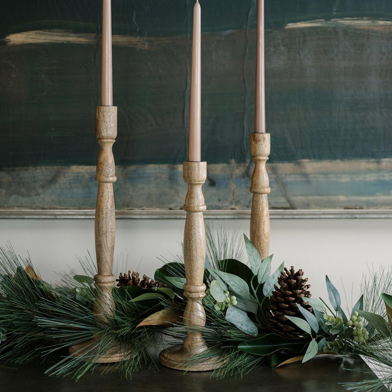 Handcrafted Natural Wooden Candle Holders Set of 3, Taper Candlestick ...