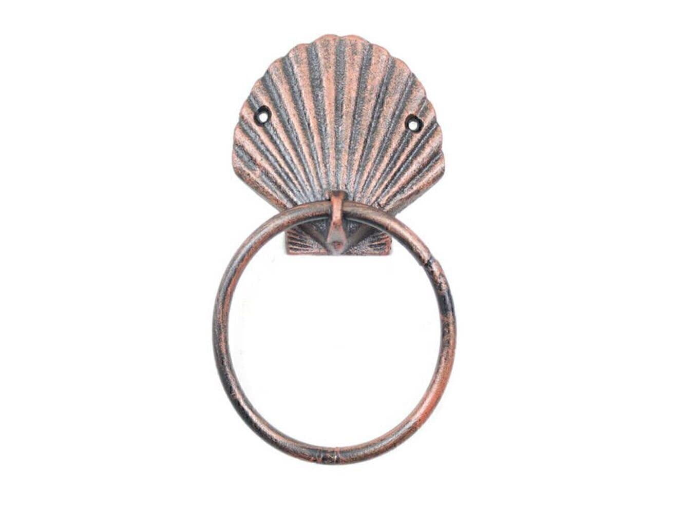 Hampton Nautical Rustic Copper Cast Iron Seashell Towel Holder 8.5 ...