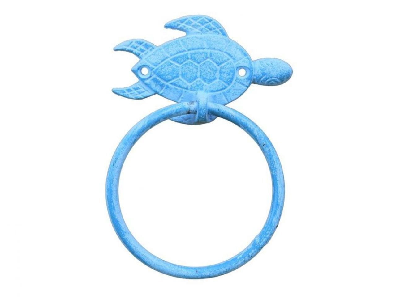 Hampton Nautical Light Blue Whitewashed Cast Iron Towel Holder 7"-Sea ...