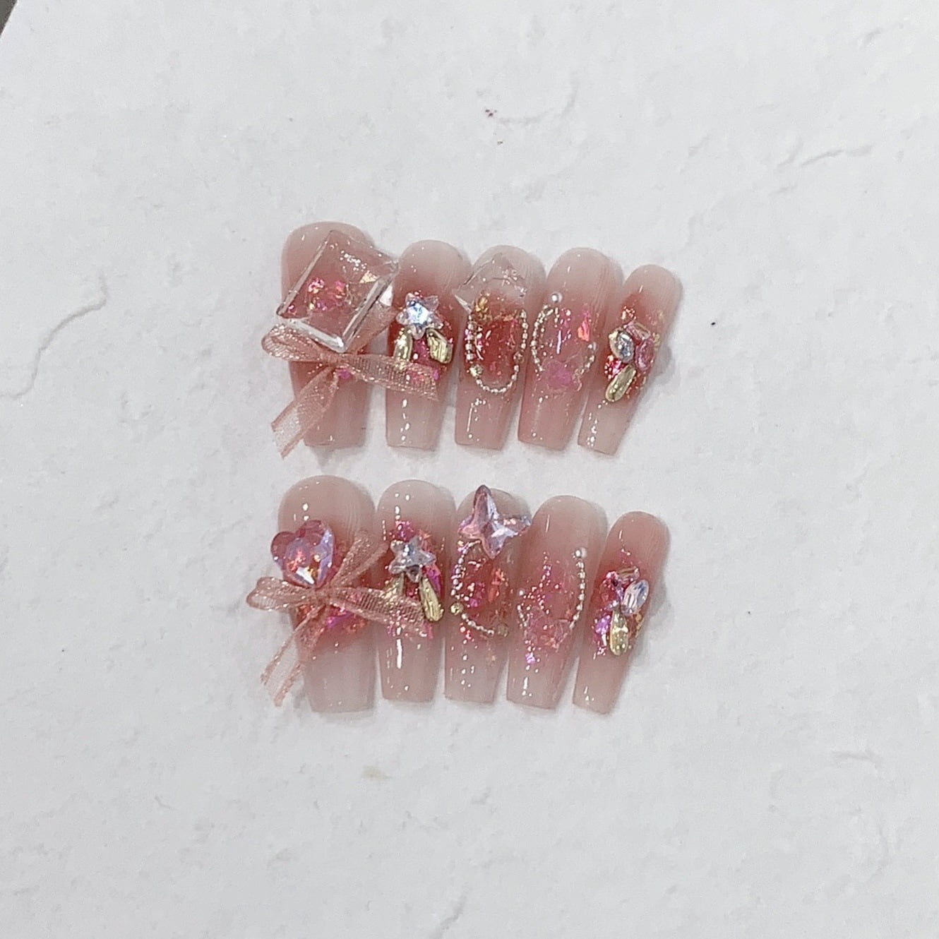 Handcrafted Opal Rhinestone Press-On Nails/ Crimson Blush Gradient ...