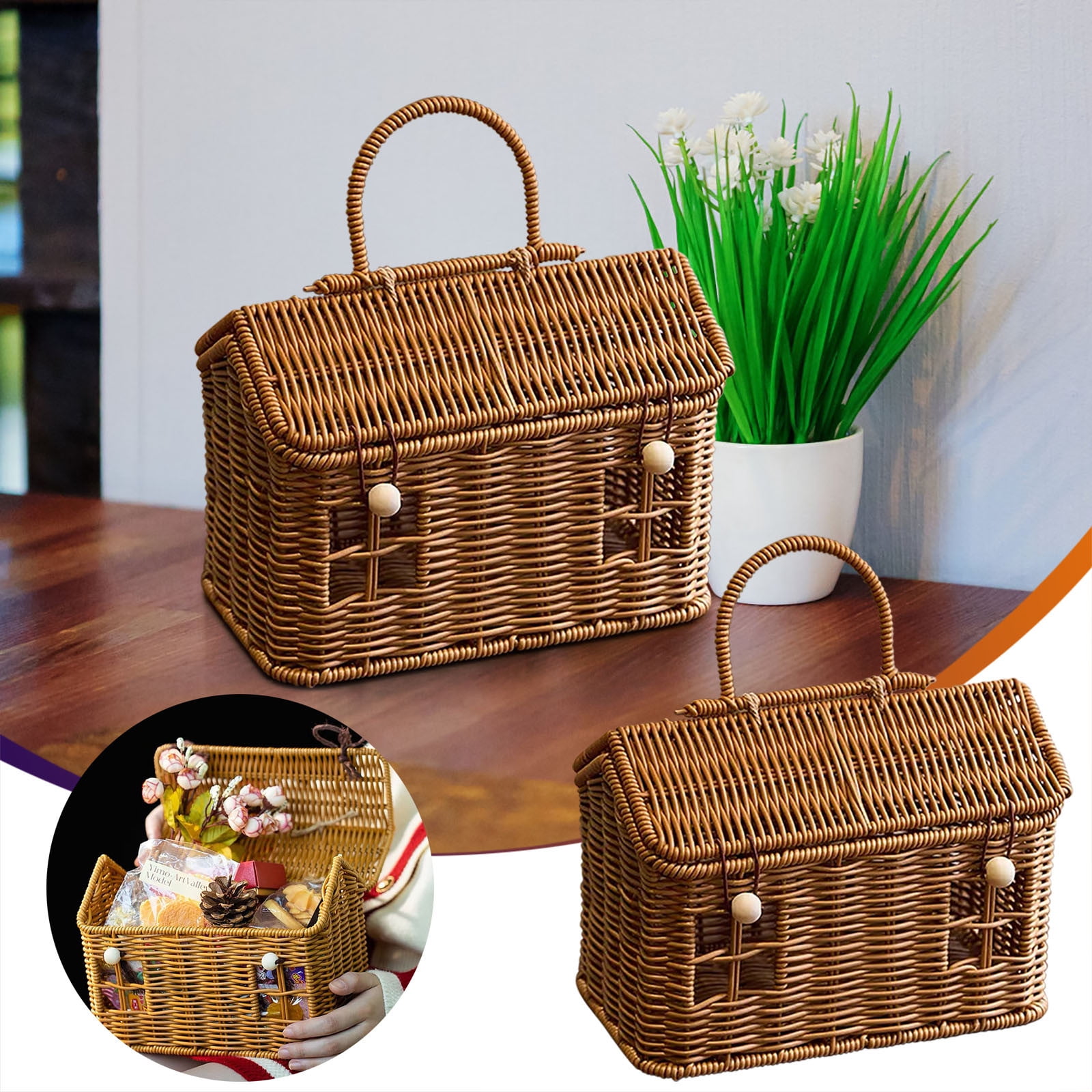 Handcrafted Rattan Picnic Basket, Woven House-Shaped Storage Basket ...