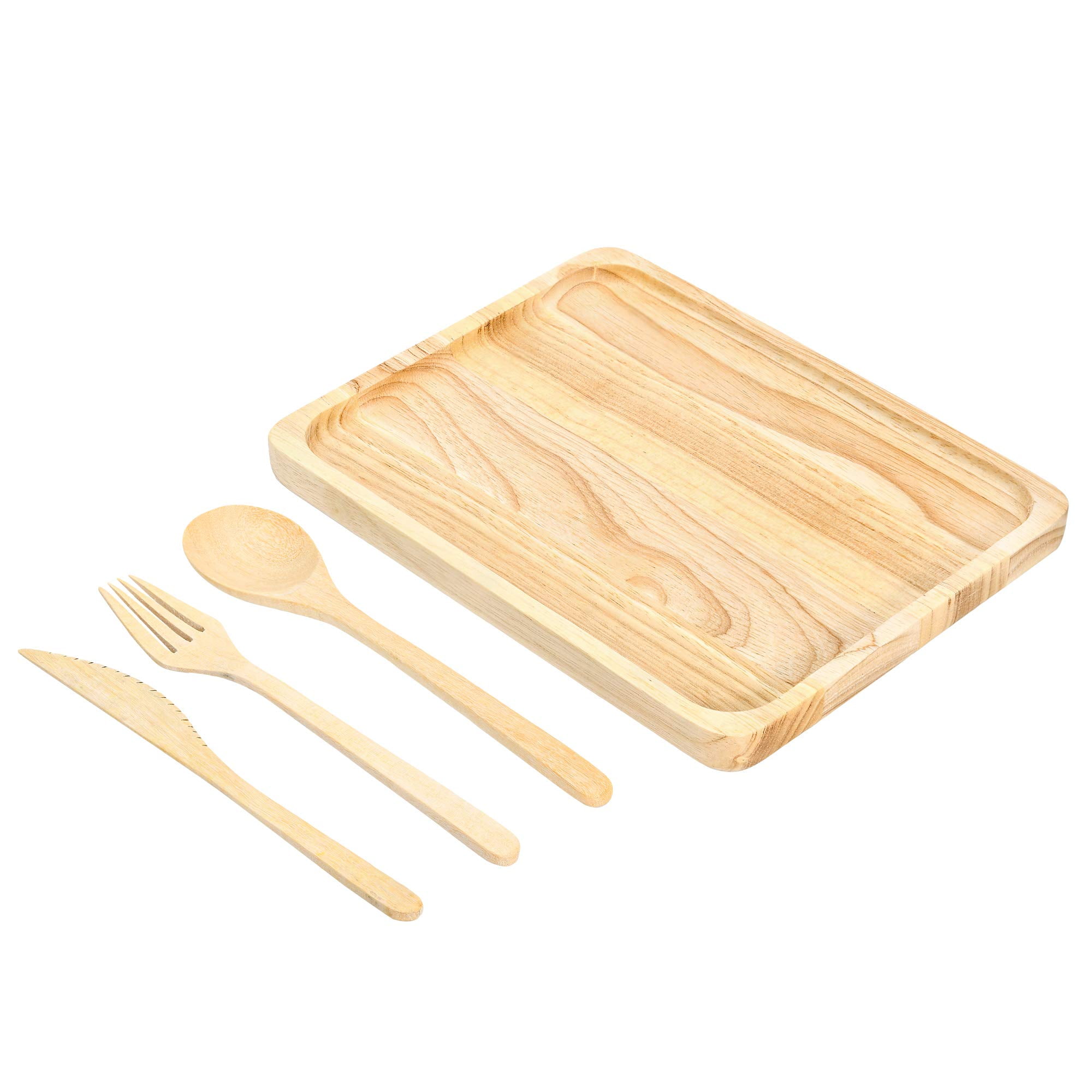 Handcrafted Rectangular Rain Tree Wood Snack Plate & Utensils Set | Rustic Eco-Friendly ...