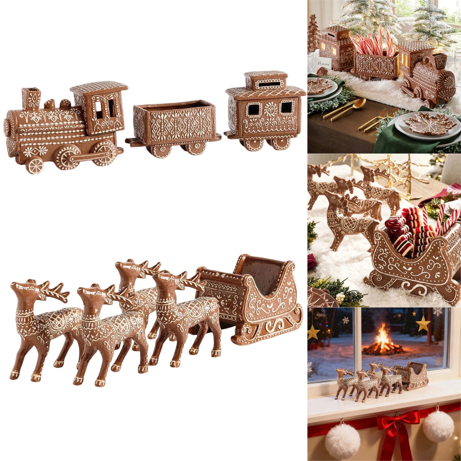 Handcrafted Resin Gingerbread Reindeer & Sleigh Set - 8.5" Festive ...