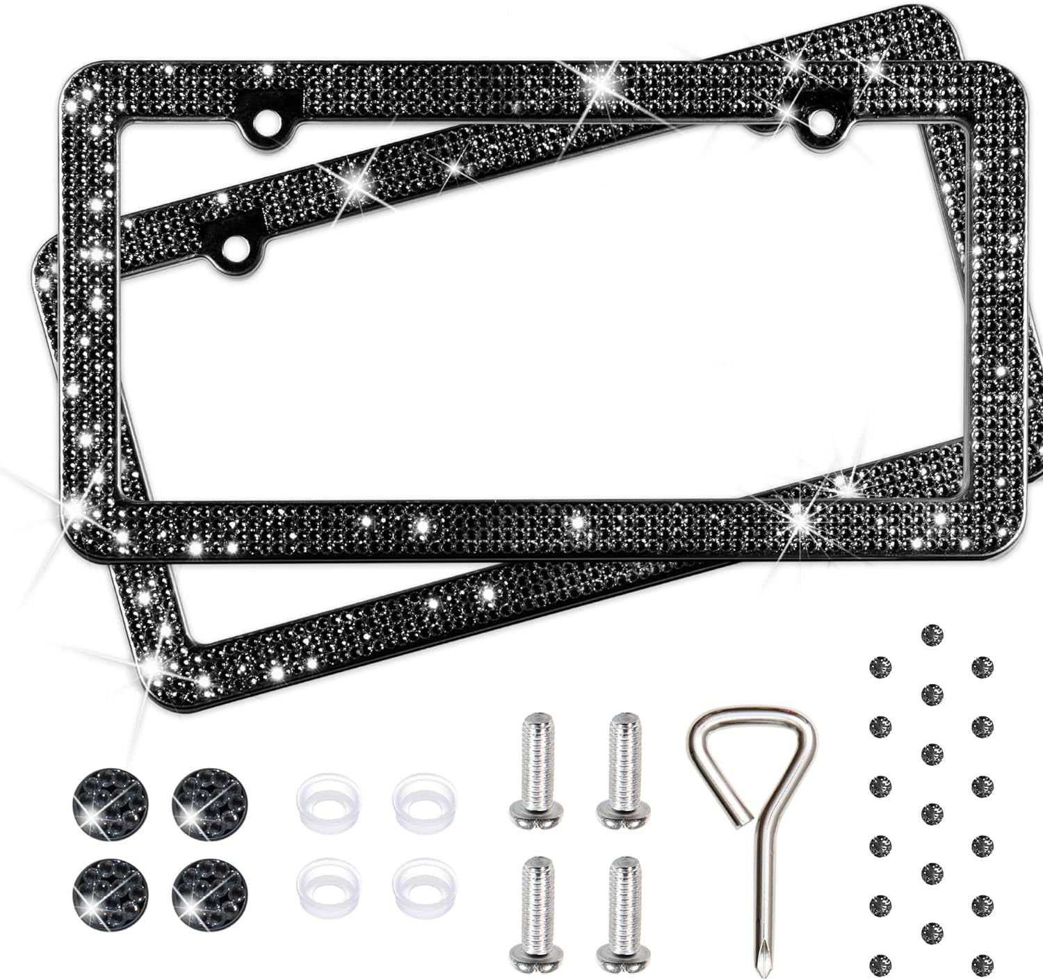 Handcrafted Rhinestone Bling License Plate Frames for Women, Men 2 Pack Bedazzled Cover (Black ...