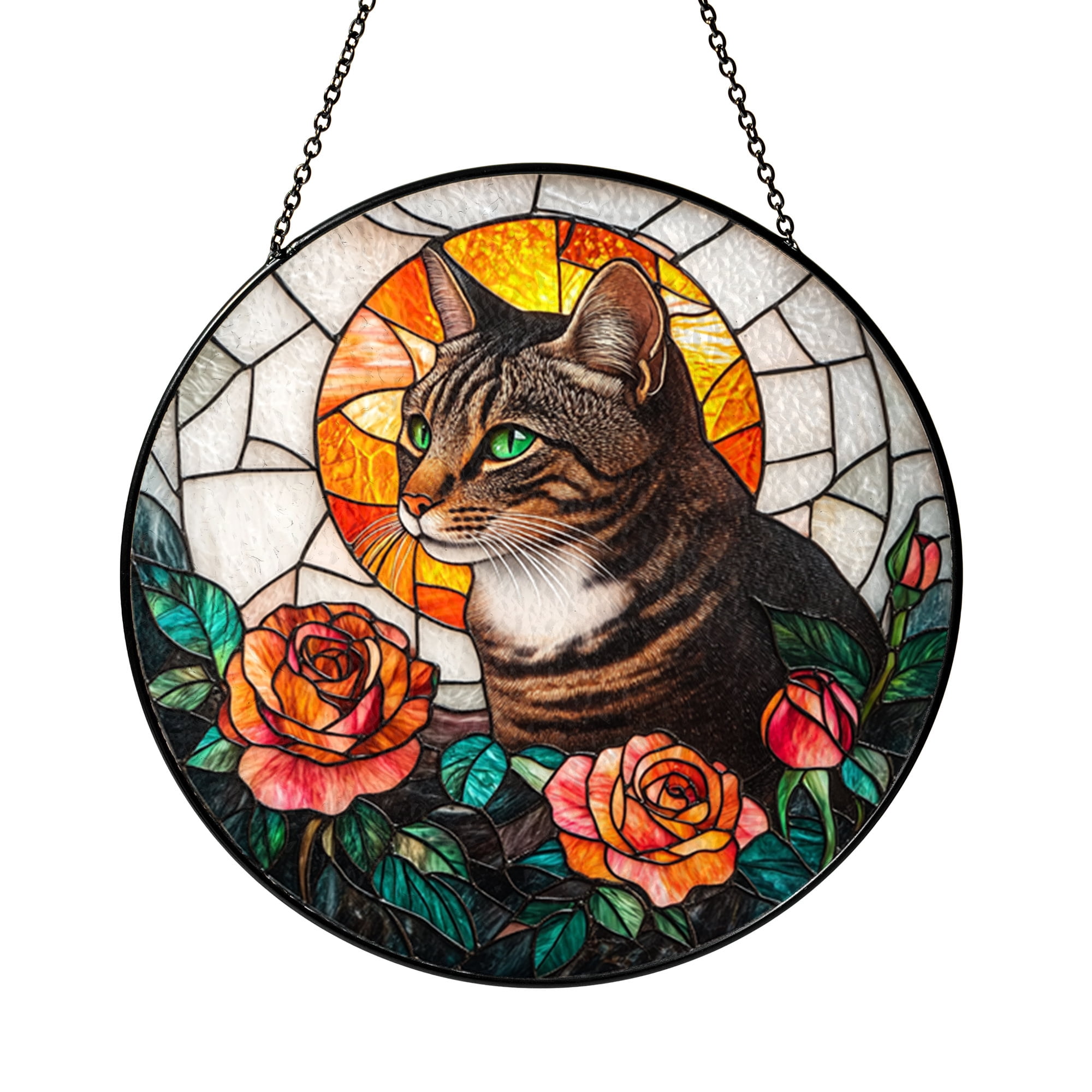 Handcrafted Stained Glass Tabby Cat Window Art, Bright Floral Design ...