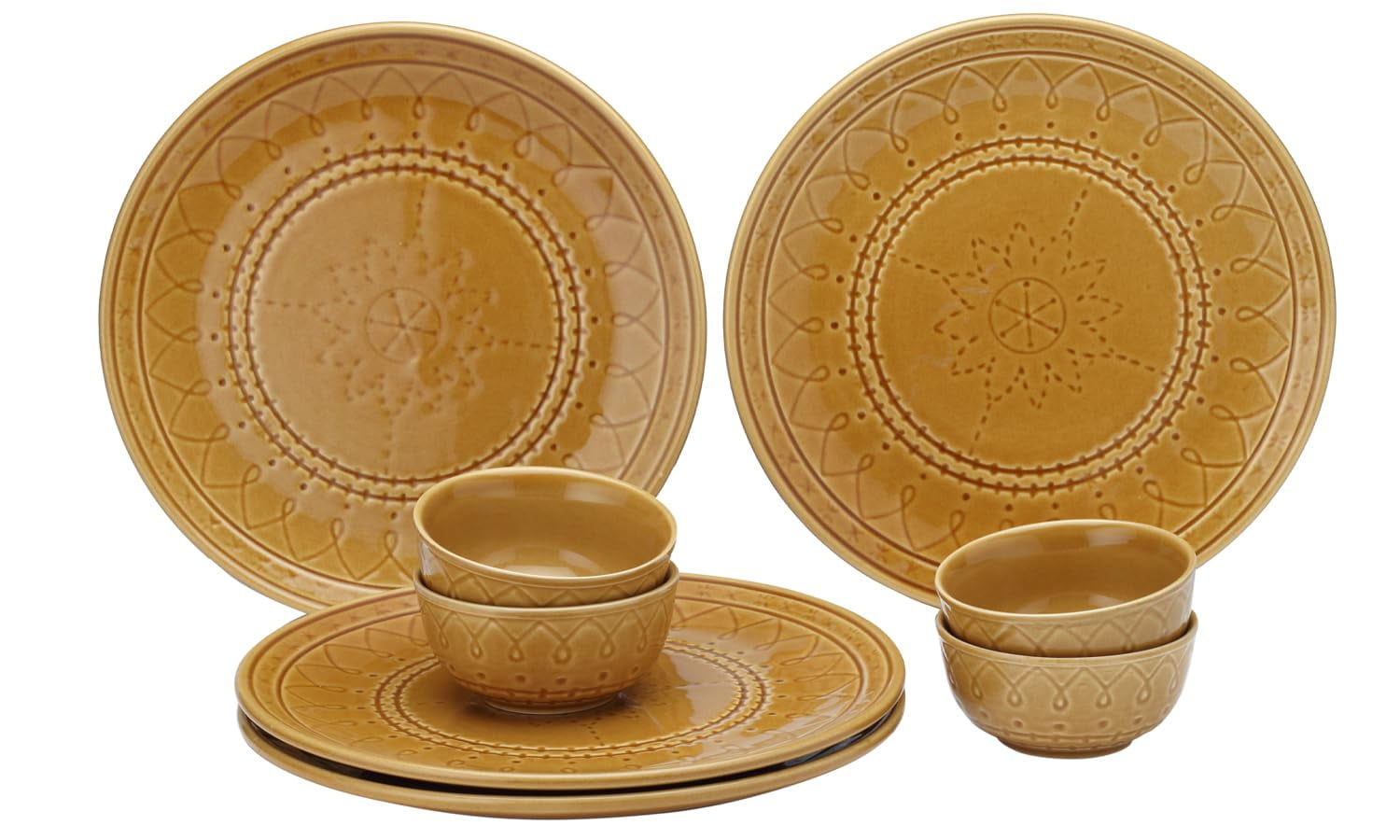 Handcrafted Stoneware Embossed Dinner Set Of 4 - Ceramic Pack Of 8 Pcs ...