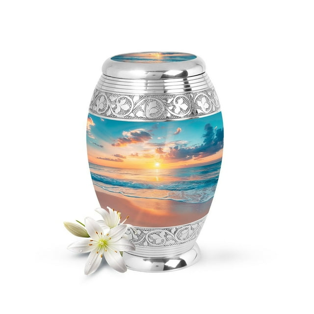 Handcrafted Sunset Beach Scene Cremation Urn for Ashes - Beautiful Memorial Urn with Secure Lid ...