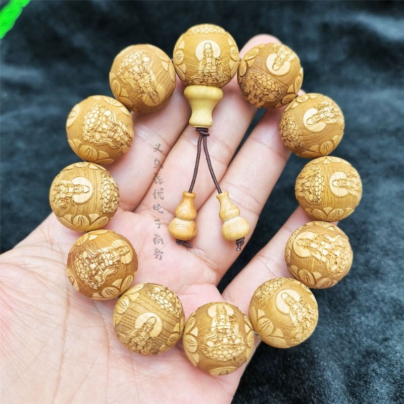 Handcrafted Taihang Cypress Wood Prayer Beads Bracelet with Carved ...
