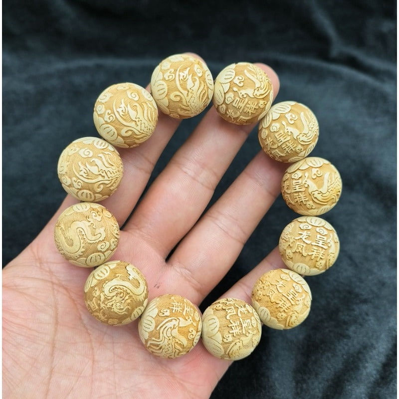 Handcrafted Taihang Cypress Wood Prayer Beads Bracelet with Carved ...