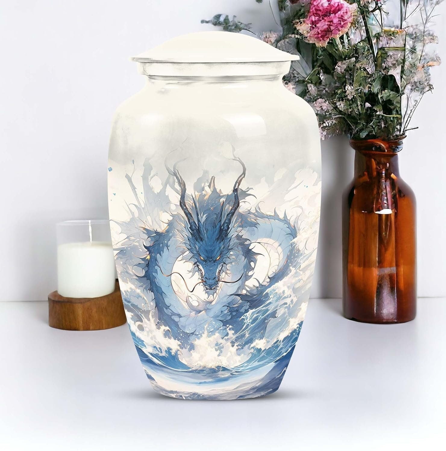Handcrafted Urn with Majestic Blue Dragon Scene, Decorative and ...