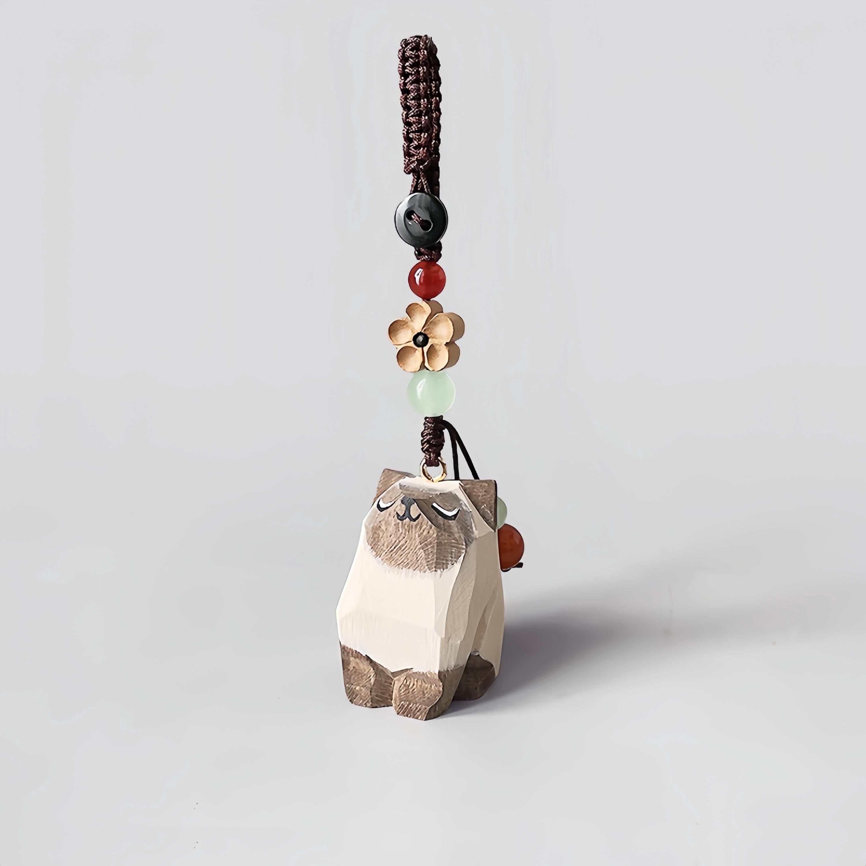 Handcrafted Wood Carving Cute Siamese, Cat Woven Key Chain, Safe Car ...