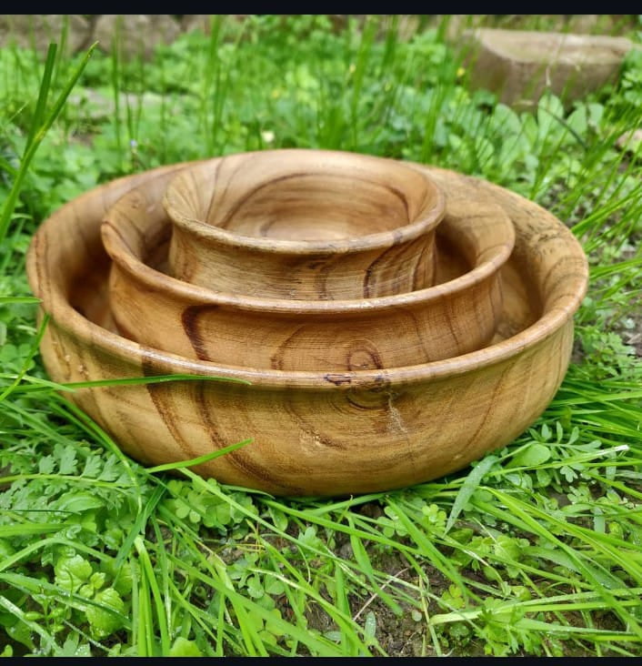 VintiquE Handcrafted Wooden Bowl Set of 3, Natural Wood Finish ...