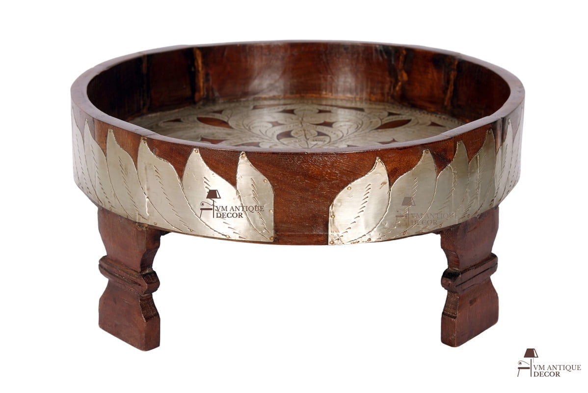 Handcrafted Wooden Chakki Table with Brass Leaf Embellishments ...