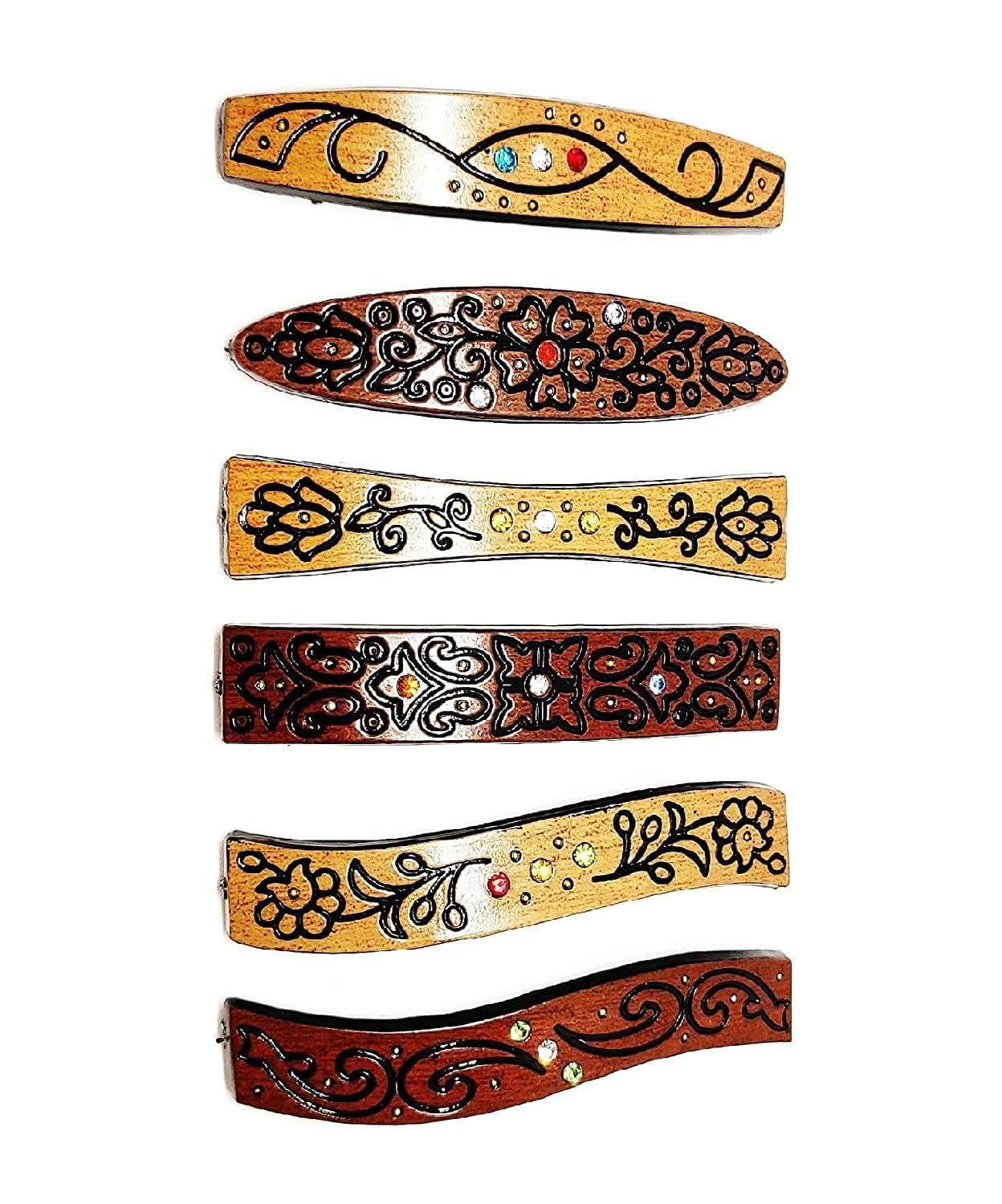 Handcrafted Wooden Hair Barrettes Set Floral and Scroll Design with ...