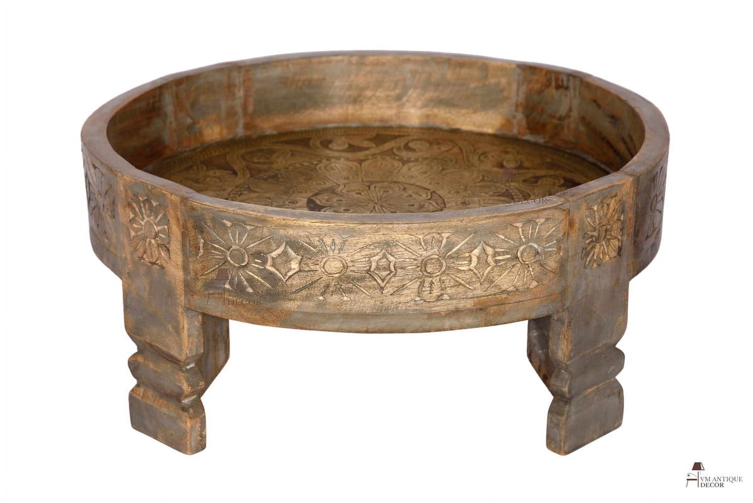 Handcrafted Wooden Round Decorative Table with Floral Carvings and ...