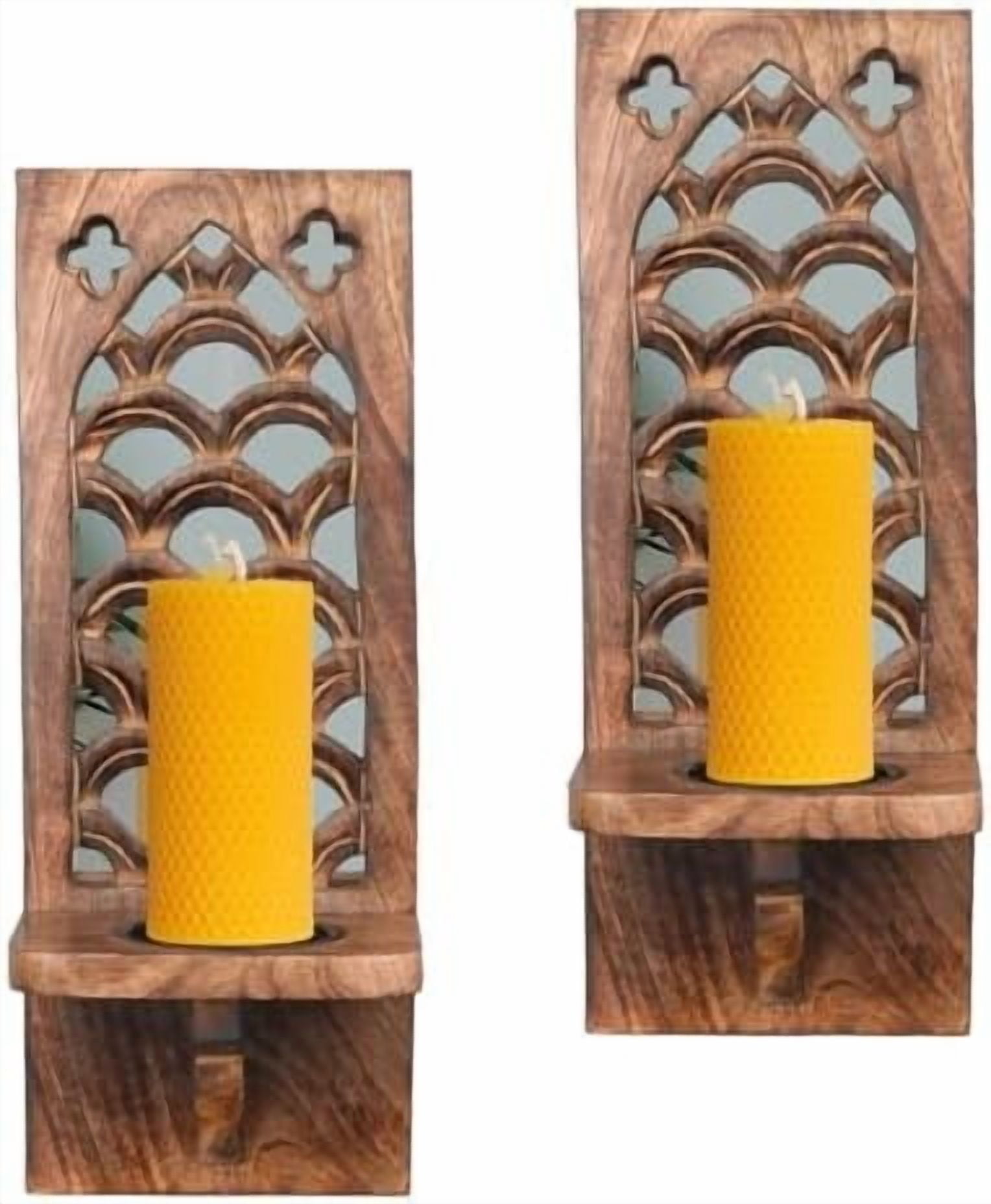 Handcrafted Wooden Wall Candle Sconces - Set of 2 with Mirror 16 Inch ...