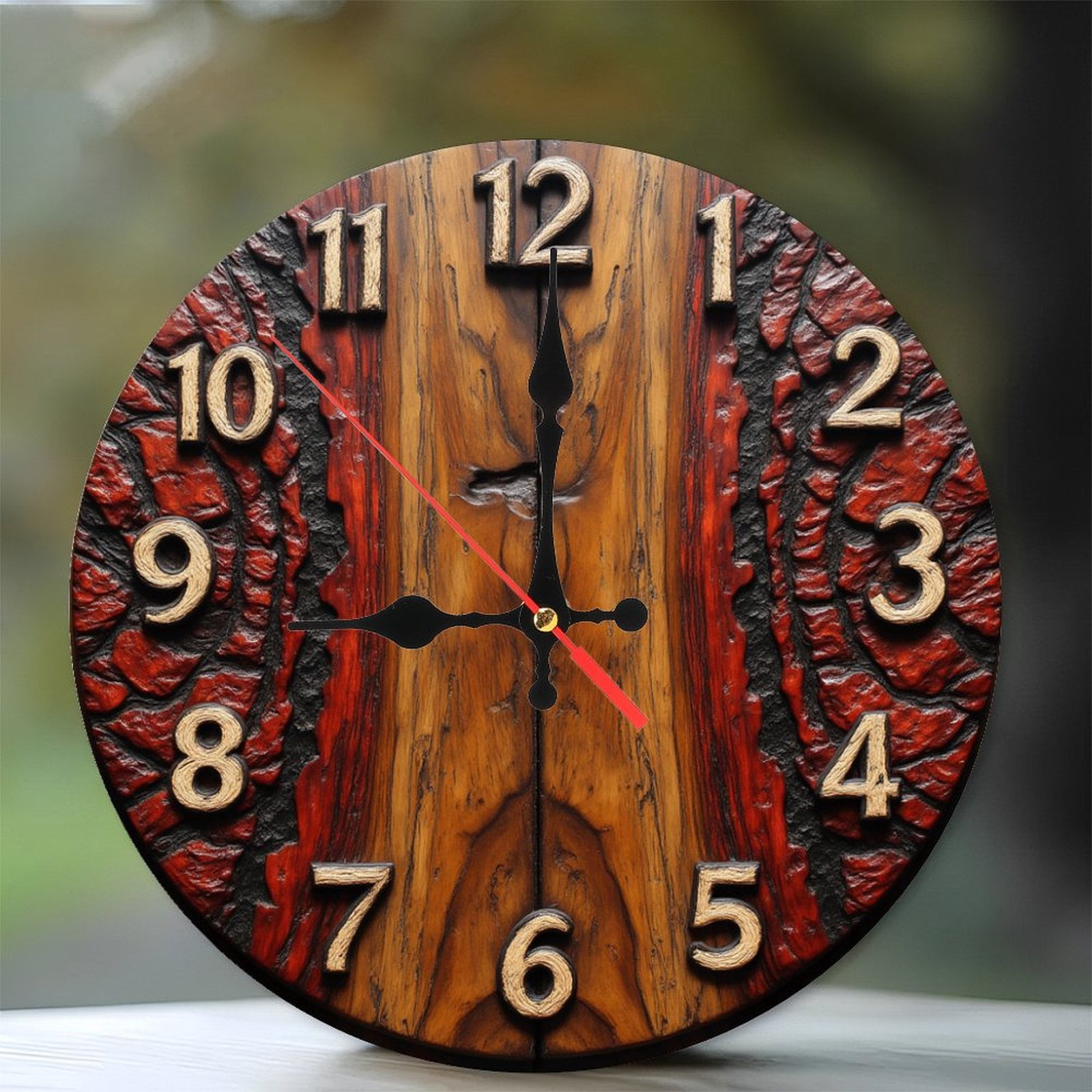 Handcrafted Wooden Wall Clock Red Wood Grain Design 10-Inch Silent ...