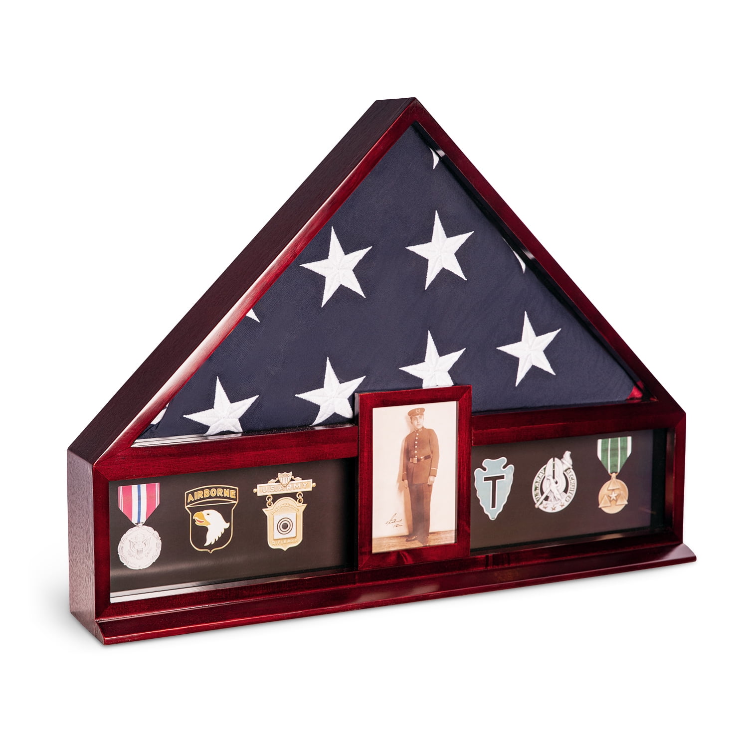 Handcrafted military flag and medal display case with 4" x 6" picture ...
