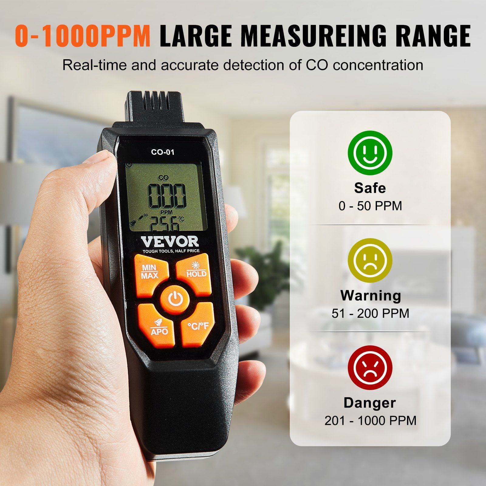 Handheld Carbon Monoxide Tester, 0-1000PPM CO Gas Detector with Audible ...