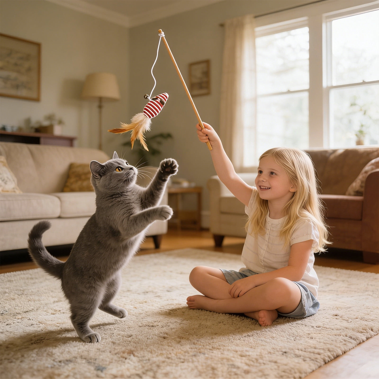 Handheld Cat Wand Toy with Wooden Stick,15.8 Inch Interactive Teaser ...