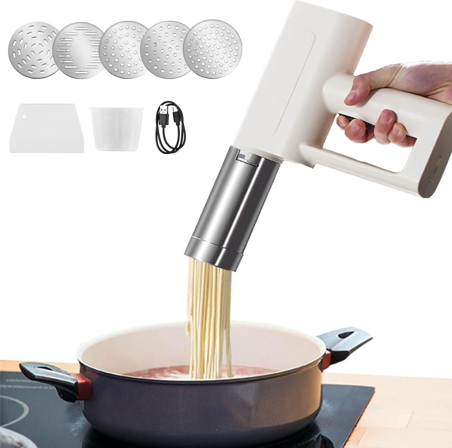 Handheld Electric Pasta Maker, 5-in-1 Cordless Pasta Machine - 25s Fast ...