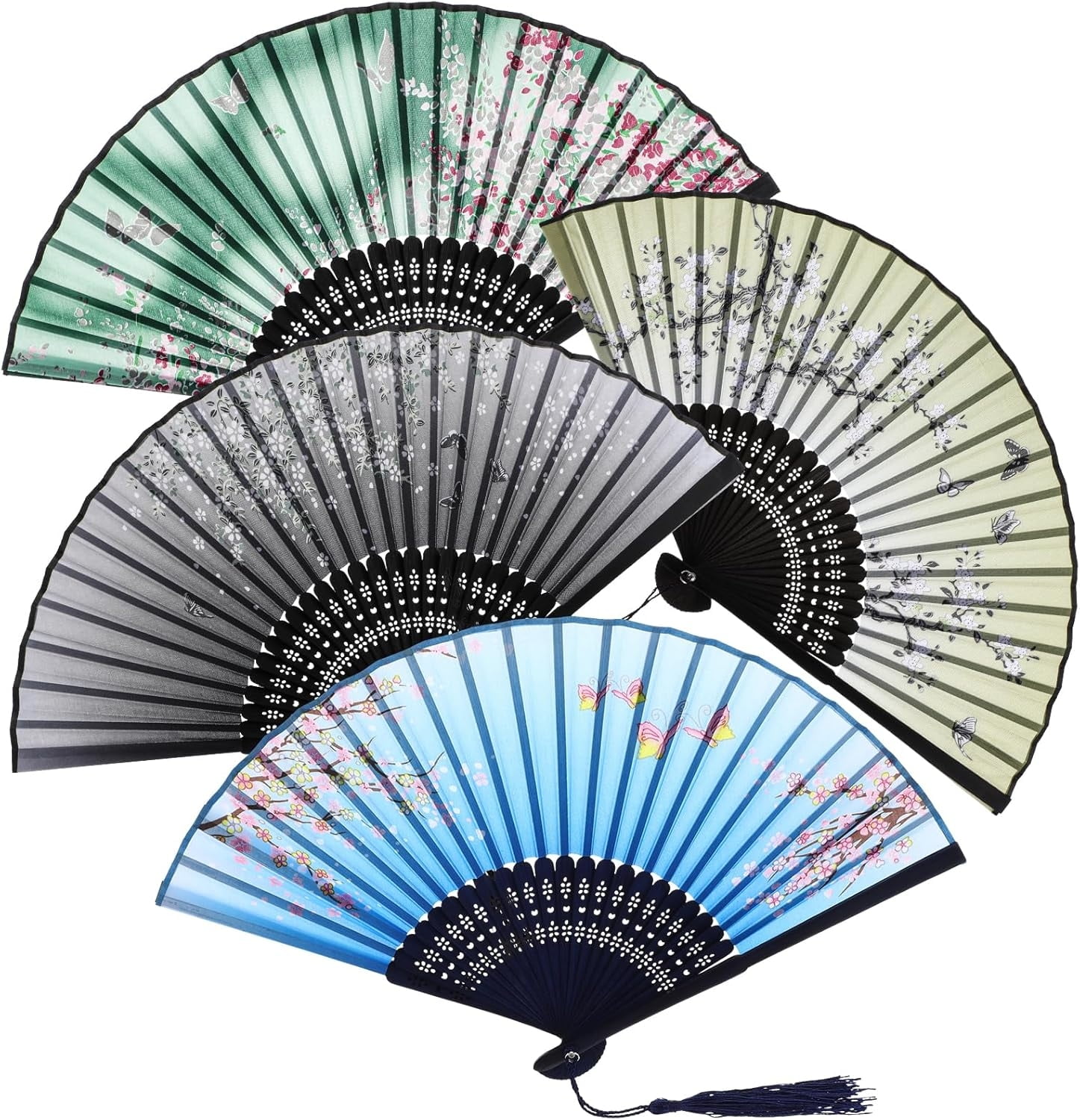 Handheld Folding Fan, 4 PCS Silk Bamboo Hand Fan With Tassel Hand Held ...