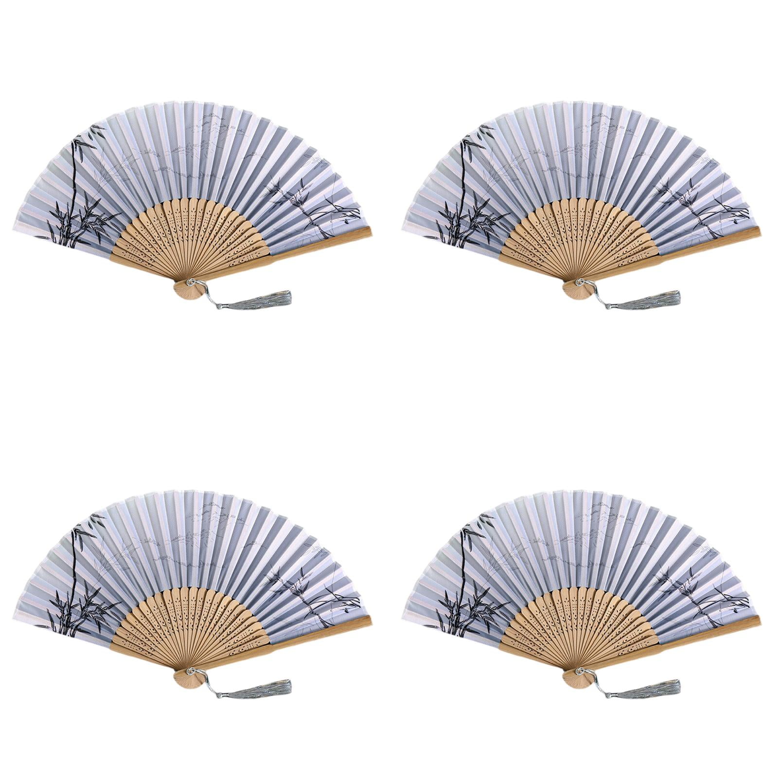 Handheld Folding Fan - Floral Print Silk Fabric with Bamboo Ribs ...