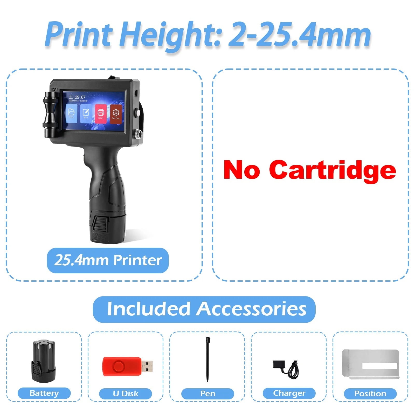 Handheld Inkjet Printer 12.7/25.4mm For QR Barcode Batch Date Number ...