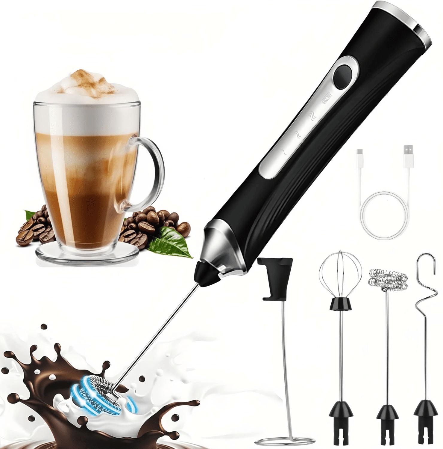 Handheld Milk Frother Wand for Coffee with Stand, Rechargeable Electric ...