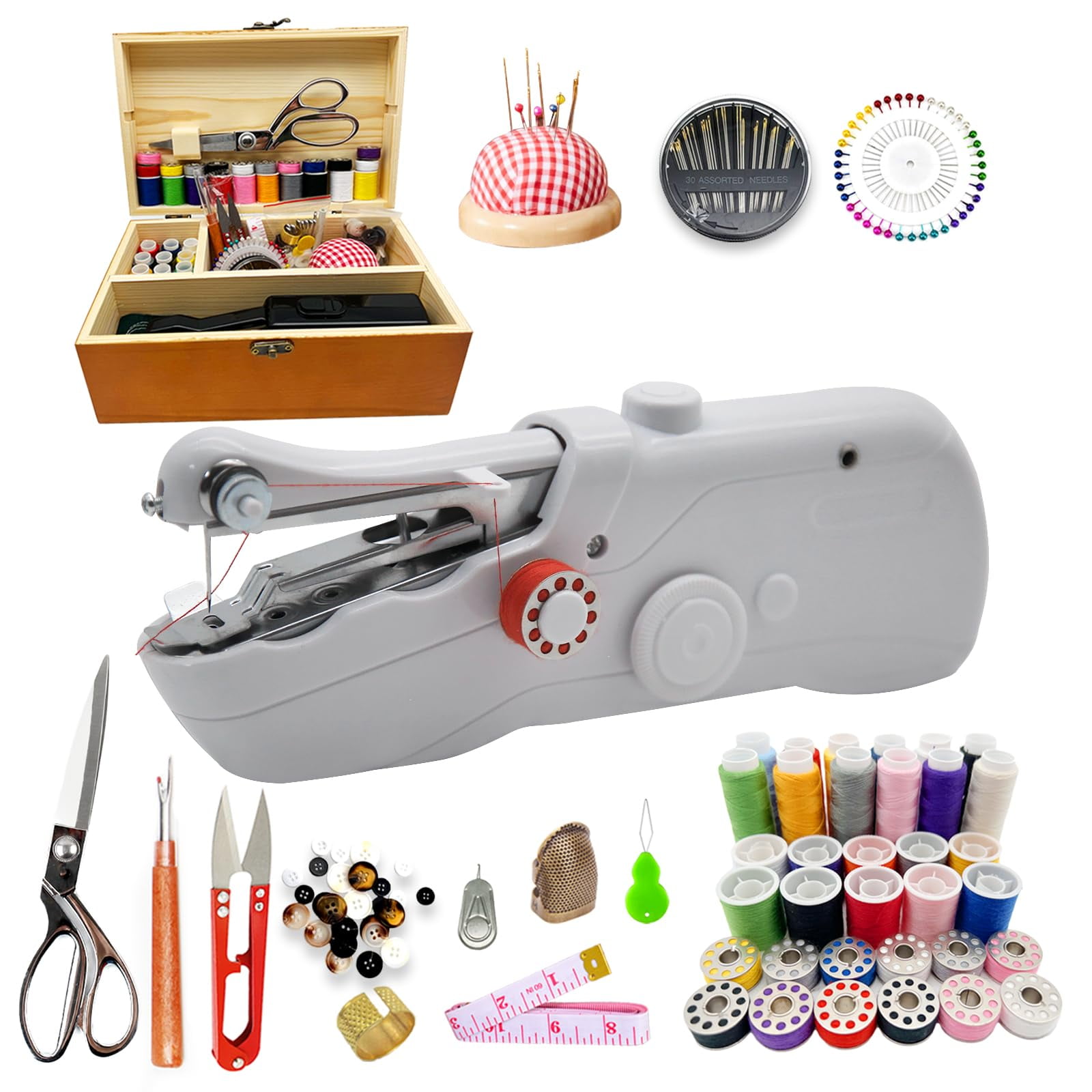 Handheld Sewing Machine with Exquisite Wooden Storage Box & 142-Piece ...
