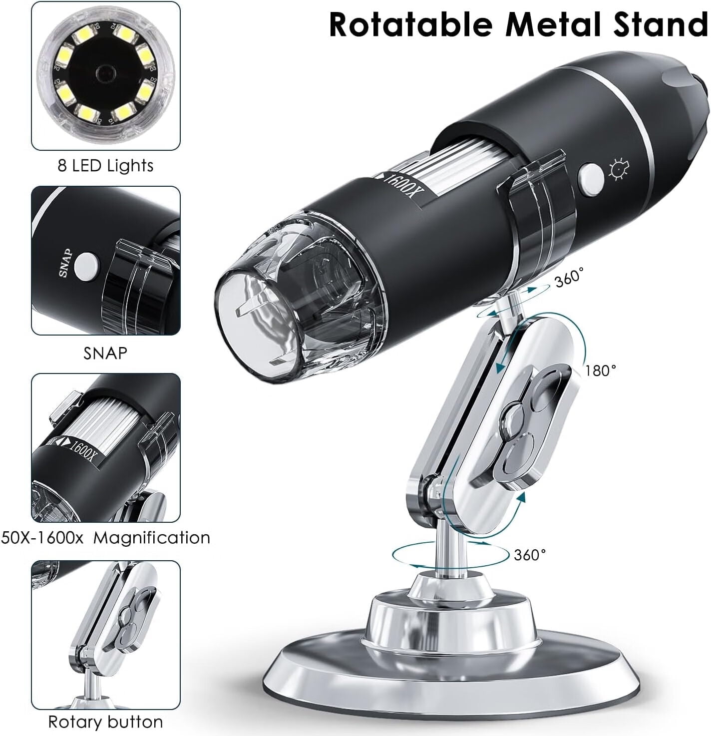 Handheld USB Digital Microscope with Metal Stand, Portable HD 1000 X Magnification Inspection ...