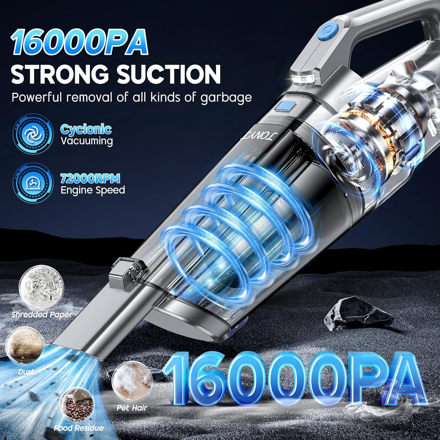 Handheld Vacuum Cordless, 16000PA Strong Suction Hand Held Car Vacuum ...